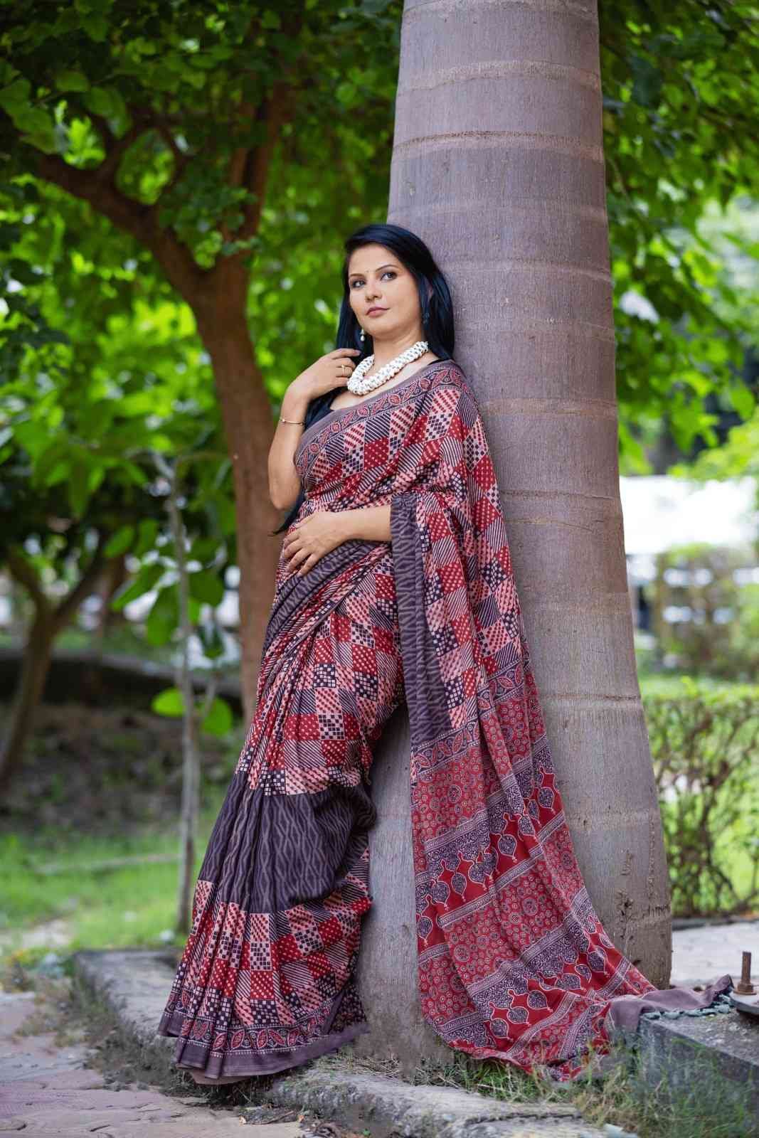 Ajrakh Splendor Rust Honey Peach Saree - JIJIVISHA